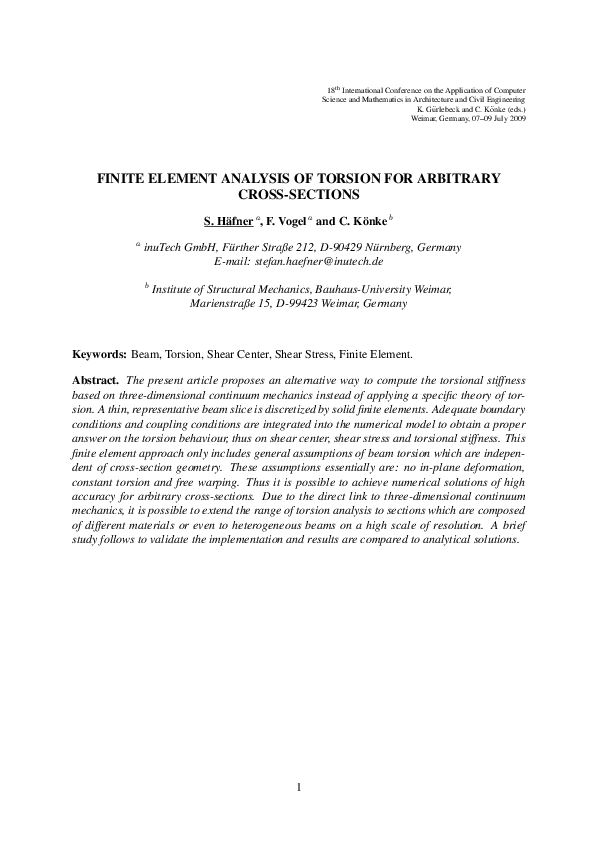 Pdf Finite Element Analysis Of Torsion For Arbitrary Cross Sections
