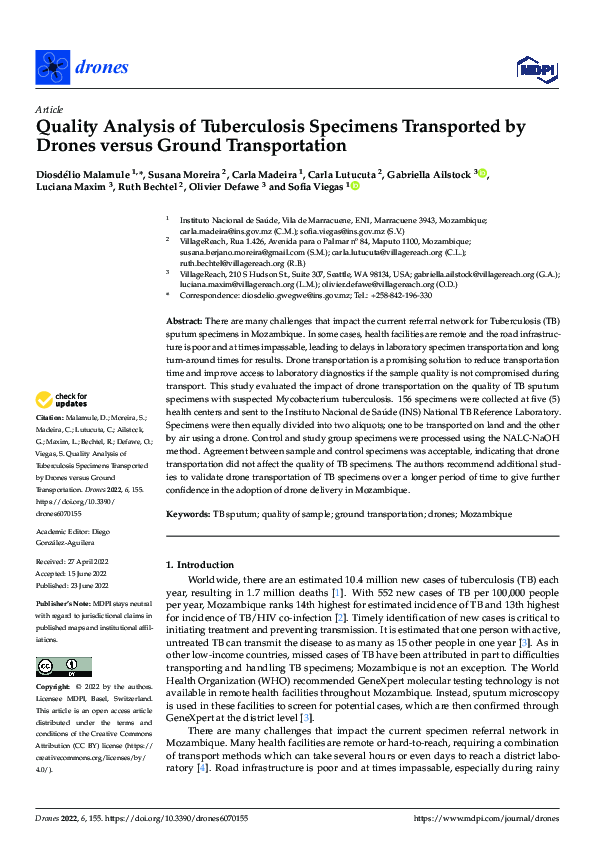 (PDF) Quality Analysis of Tuberculosis Specimens Transported by Drones ...