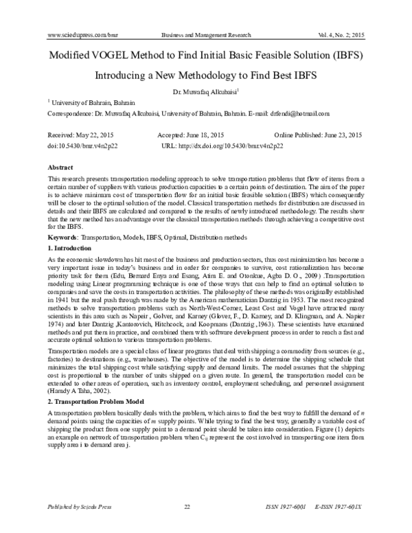 (PDF) Modified VOGEL Method to Find Initial Basic Feasible Solution ...
