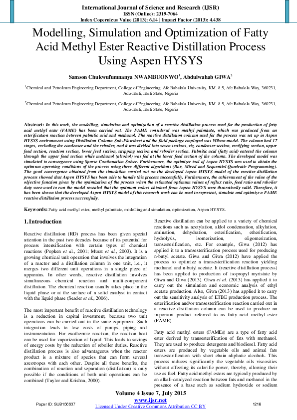 Pdf Modelling Simulation And Optimization Of Fatty Acid Methyl Ester Reactive Distillation