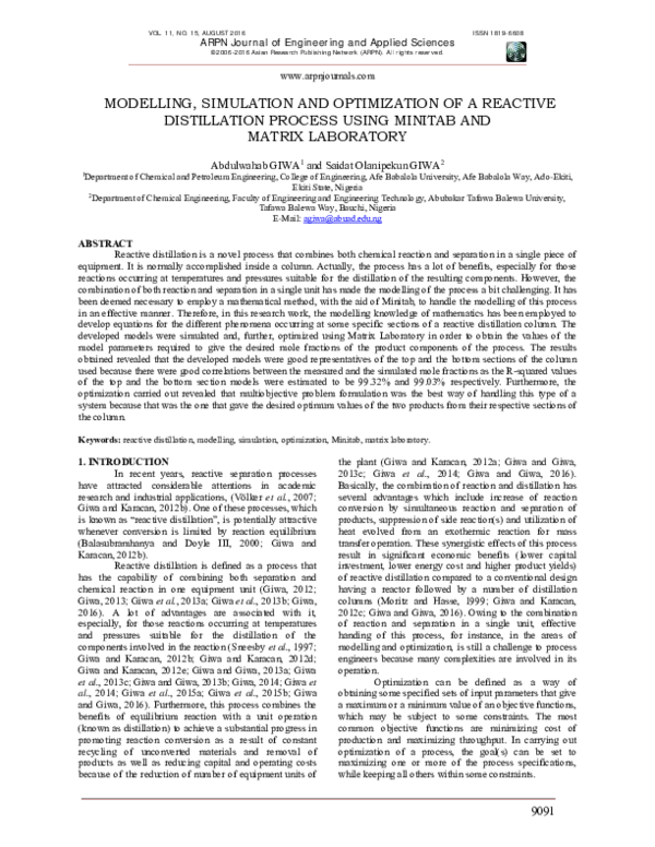 Pdf Modelling Simulation And Optimization Of A Reactive Distillation