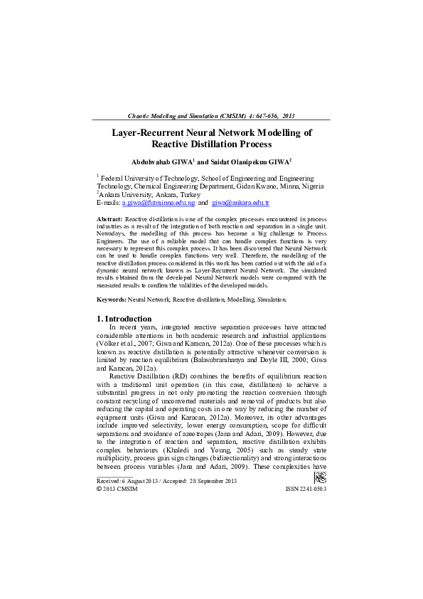 Pdf Layer Recurrent Neural Network Modelling Of Reactive Distillation