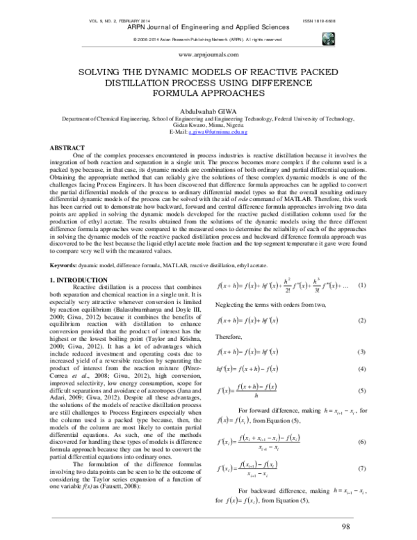 Pdf Solving The Dynamic Models Of Reactive Packed Distillation