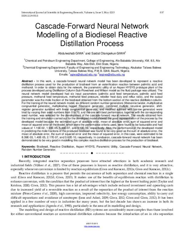 Pdf Cascade Forward Neural Network Modelling Of A Biodiesel Reactive