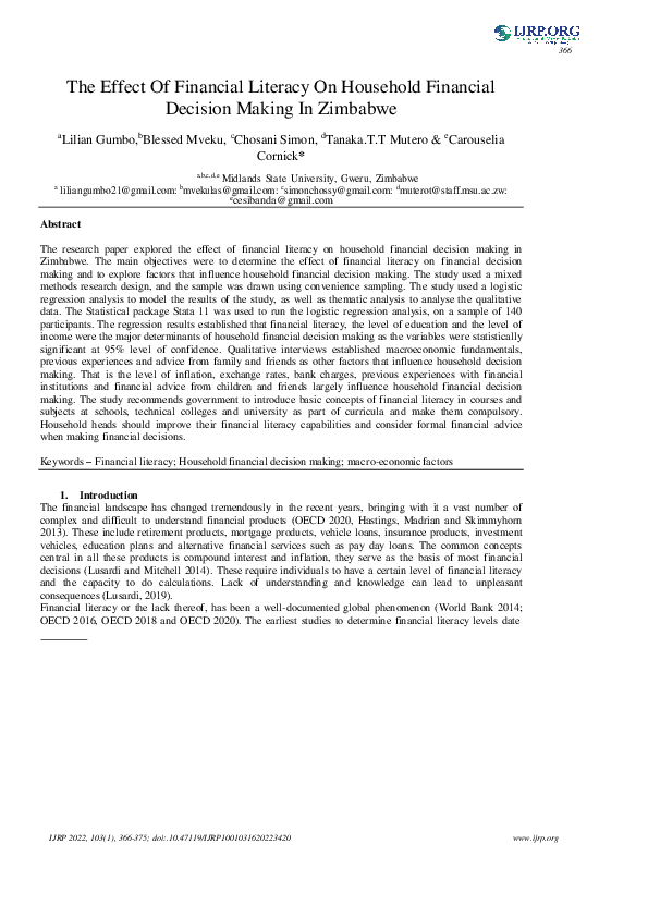 (PDF) The Effect of Financial Literacy on Household Financial Decision Making in Zimbabwe