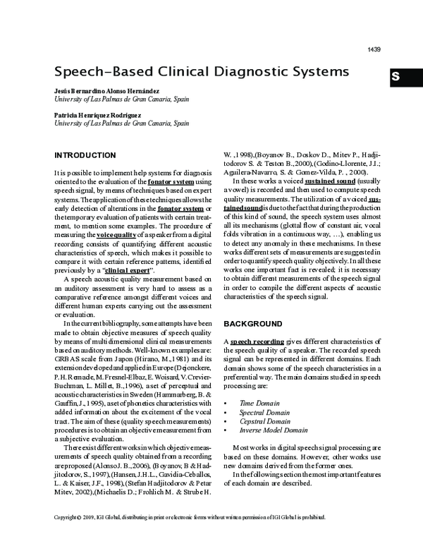 (PDF) S Speech-Based Clinical Diagnostic Systems