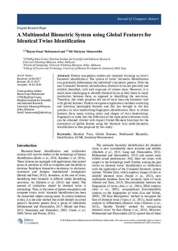 A Multimodal Biometric System using Global Features for Identical Twins ...