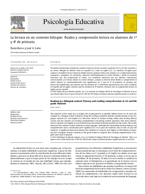 (PDF) La lectura en un contexto bilingüe: fluidez y comprensión lectora ...