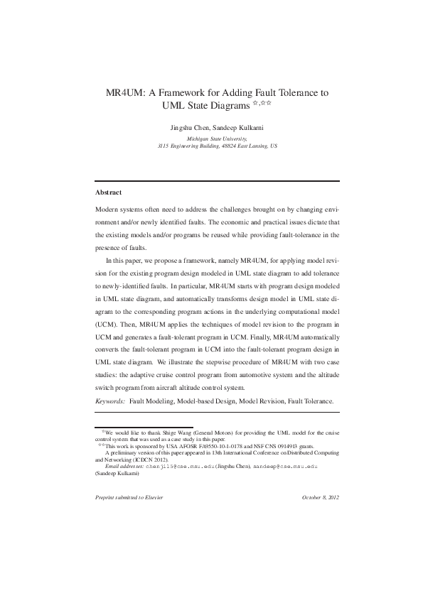 (PDF) MR4UM: A framework for adding fault tolerance to UML state diagrams