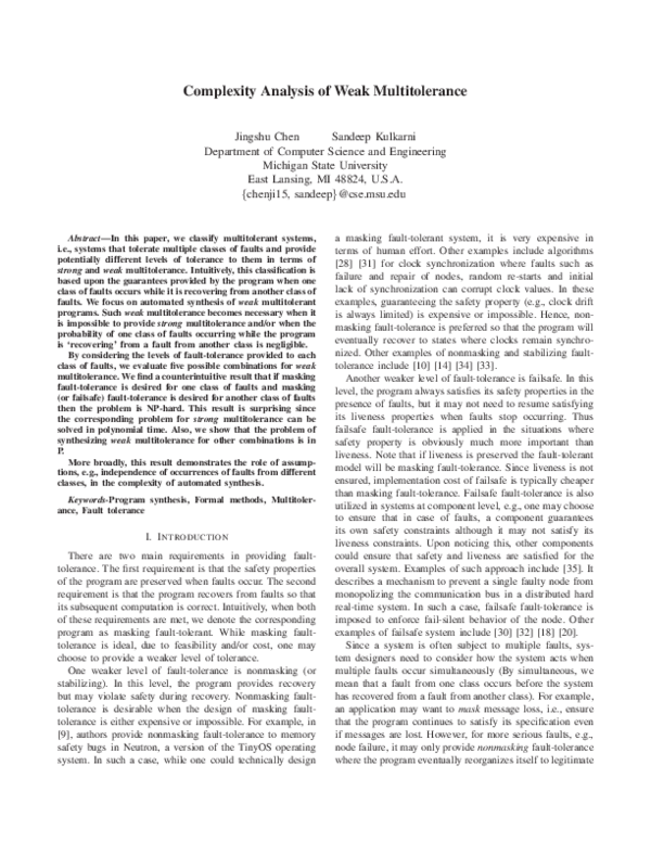(PDF) Complexity Analysis of Weak Multitolerance | Sandeep Kulkarni - Academia.edu