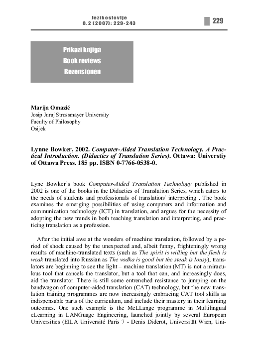 (PDF) Lynne Bowker, 2002. Computer-Aided Translation Technology. A Practical Introduction ...