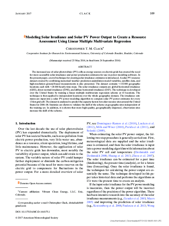(PDF) Modeling Solar Irradiance and Solar PV Power Output to Create a ...
