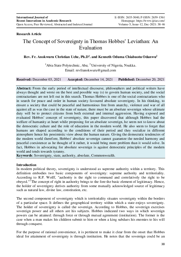 (PDF) The Concept of Sovereignty in Thomas Hobbes' Leviathan: An Evaluation