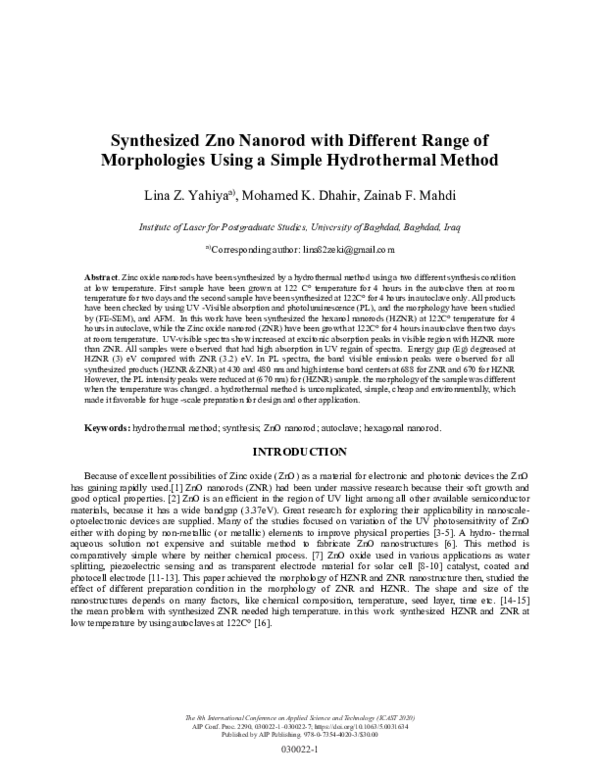 Pdf Synthesized Zno Nanorod With Different Range Of Morphologies