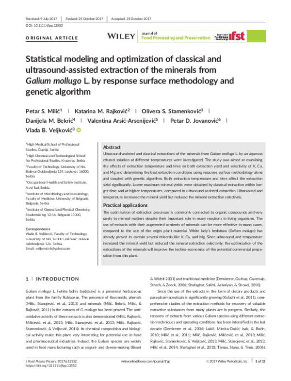 (PDF) Statistical modeling and optimization of classical and ultrasound-assisted extraction of ...