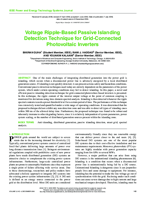 Pdf Voltage Ripple Based Passive Islanding Detection Technique For Grid Connected Photovoltaic