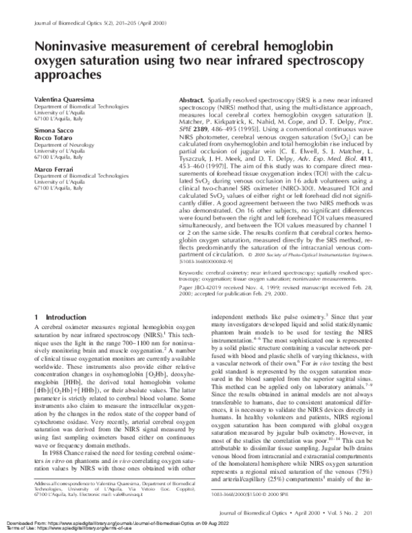 (PDF) Noninvasive measurement of cerebral hemoglobin oxygen saturation using two near infrared ...