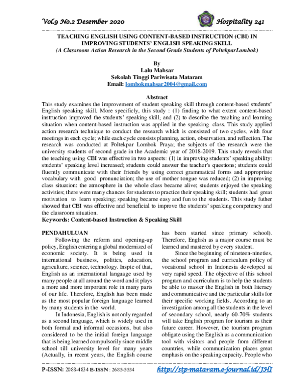 (PDF) TEACHING ENGLISH USING CONTENT-BASED INSTRUCTION (CBI) IN IMPROVING STUDENTS’ ENGLISH ...