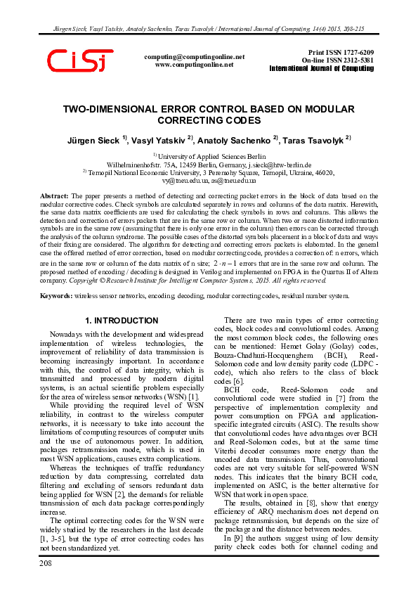 (PDF) Two-Dimensional Error Control Based on Modular Corrective Codes