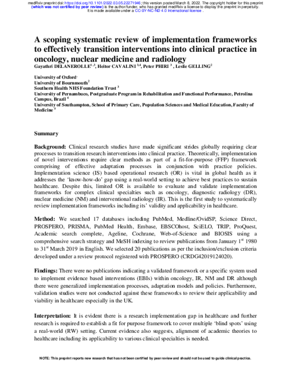 (PDF) A scoping systematic review of implementation frameworks to effectively transition ...