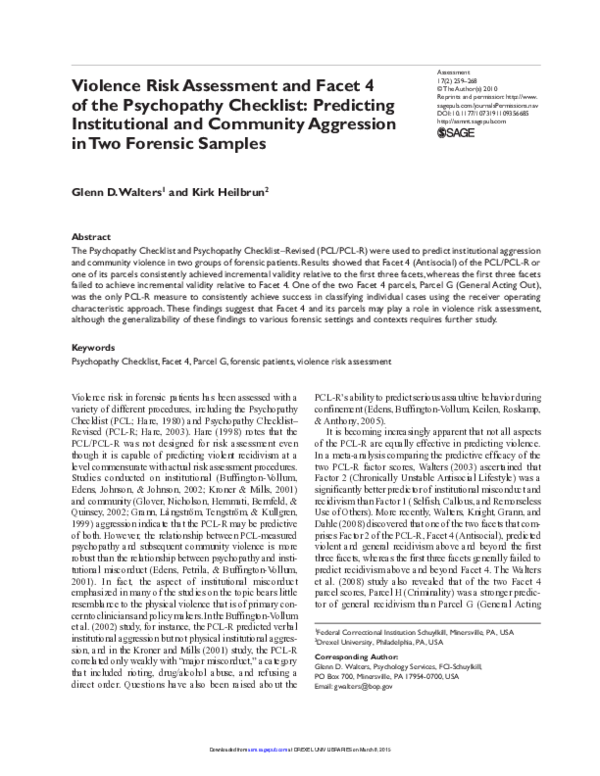 (PDF) Violence Risk Assessment and Facet 4 of the Psychopathy Checklist ...