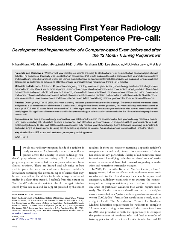 (PDF) Assessing First Year Radiology Resident Competence Pre-call