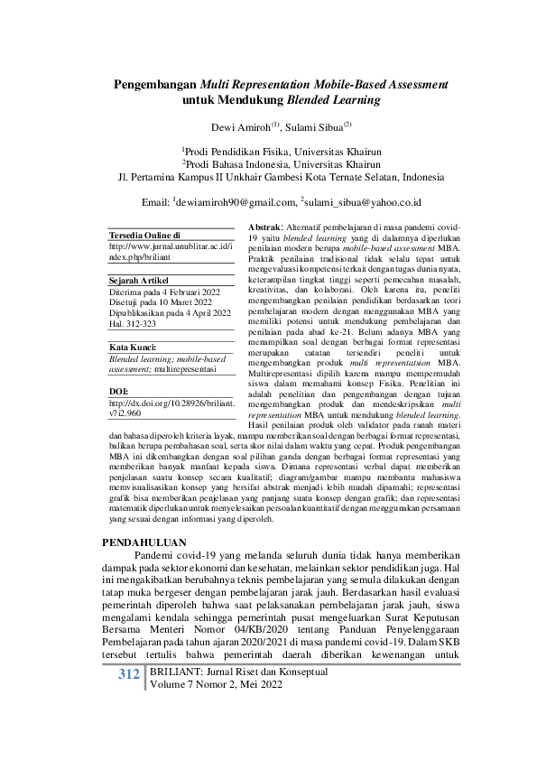 (PDF) Pengembangan Multi Representation Mobile-Based Assessment untuk Mendukung Blended Learning