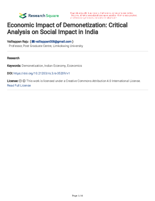 (PDF) Economic Impact of Demonetization: Critical Analysis on Social ...