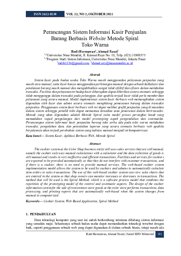 (PDF) Perancangan Sistem Informasi Kasir Penjualan Barang Berbasis Website Metode Spiral Toko Warna