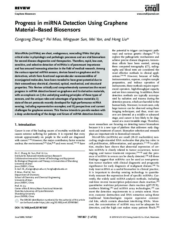 Pdf Progress In Mirna Detection Using Graphene Material Based Biosensors