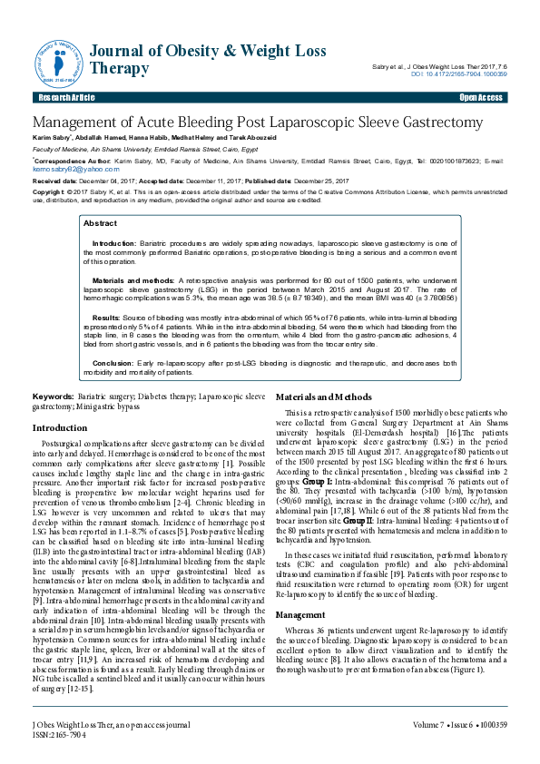 (PDF) Management of Acute Bleeding Post Laparoscopic Sleeve Gastrectomy