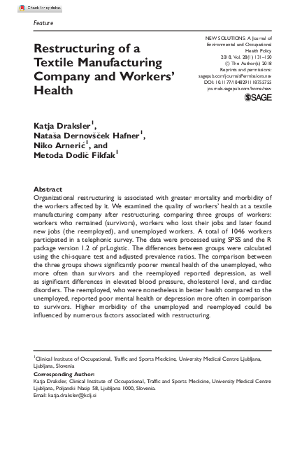 (PDF) Restructuring of a Textile Manufacturing Company and Workers’ Health