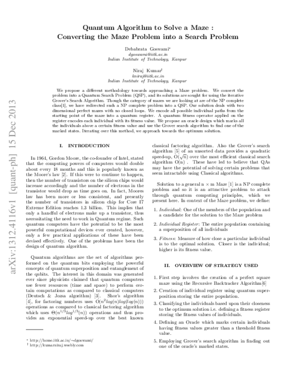 (PDF) Quantum Algorithm to Solve a Maze: Converting the Maze Problem ...