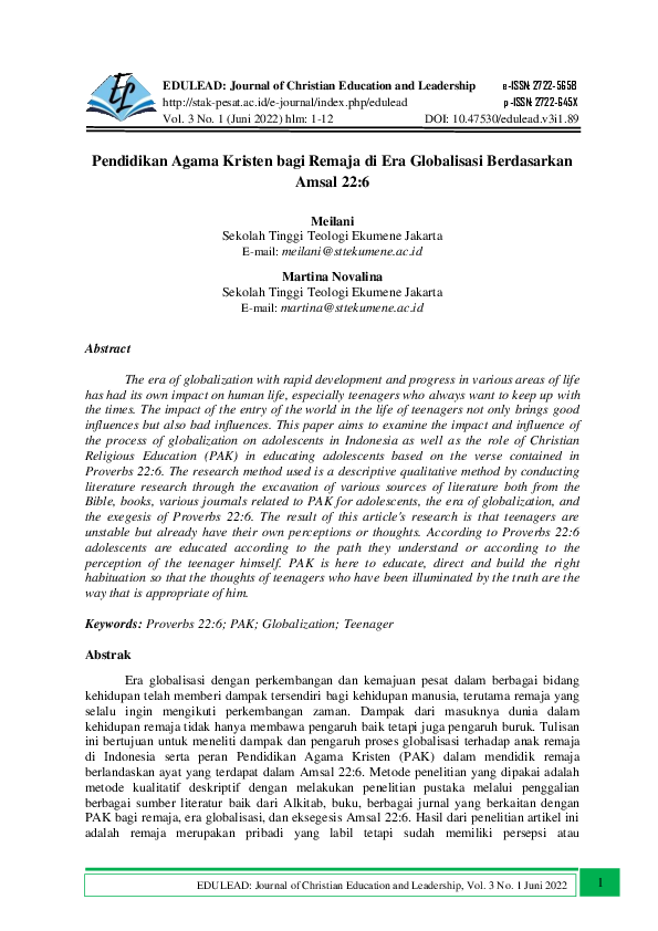 (PDF) Pendidikan Agama Kristen Bagi Remaja Di Era Globalisasi Berdasarkan Amsal 22:6