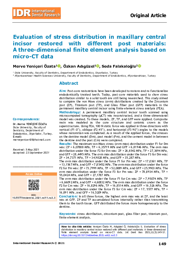 (PDF) Evaluation of stress distribution in maxillary central incisor restored with different ...