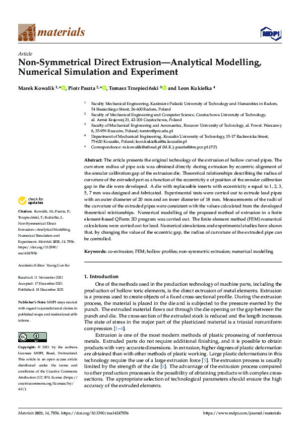 Pdf Non Symmetrical Direct Extrusion—analytical Modelling Numerical Simulation And Experiment