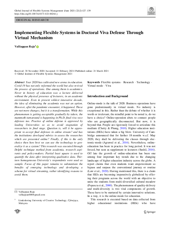(PDF) Implementing Flexible Systems in Doctoral Viva Defense Through Virtual Mechanism