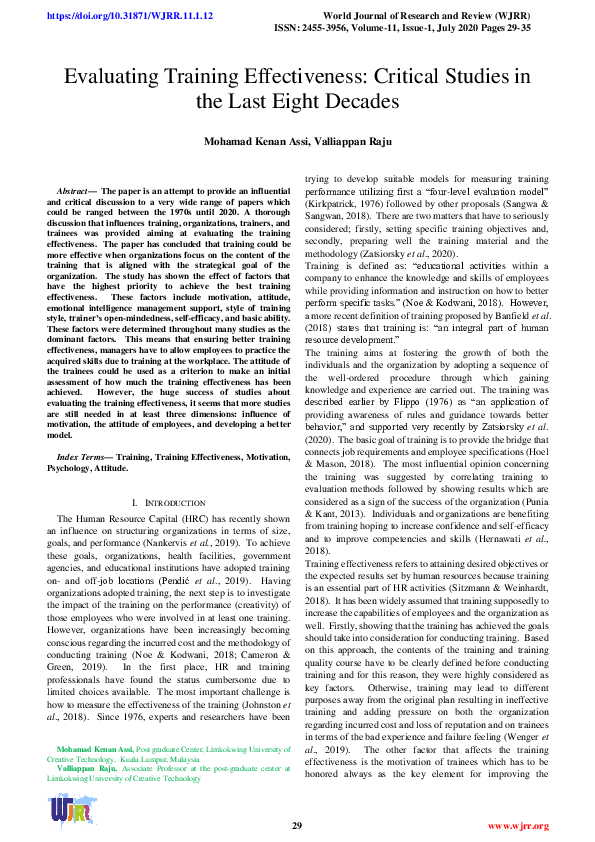 (PDF) Evaluating Training Effectiveness: Critical Studies in the Last Eight Decades