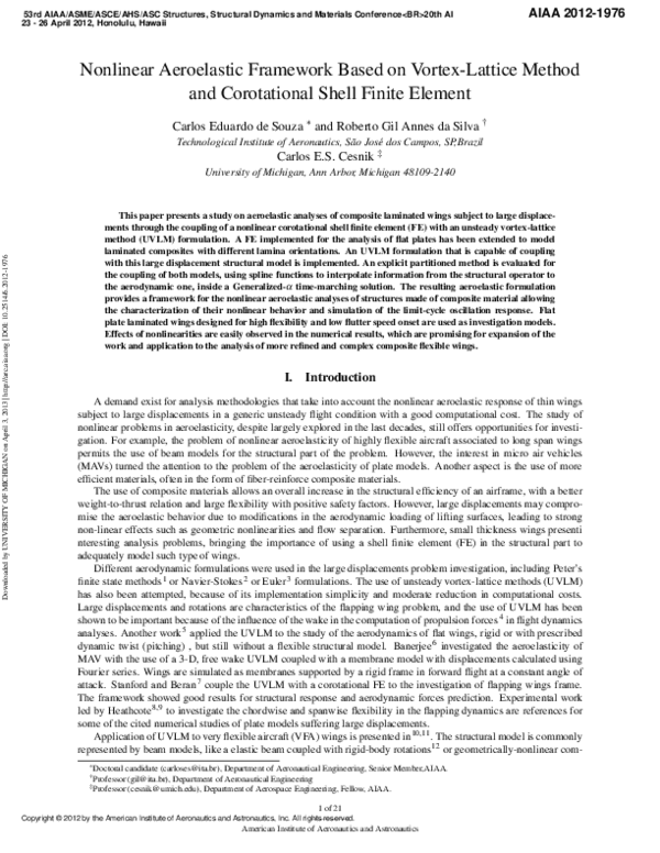 (PDF) Nonlinear Aeroelastic Framework Based on Vortex-Lattice Method and Corotational Shell ...