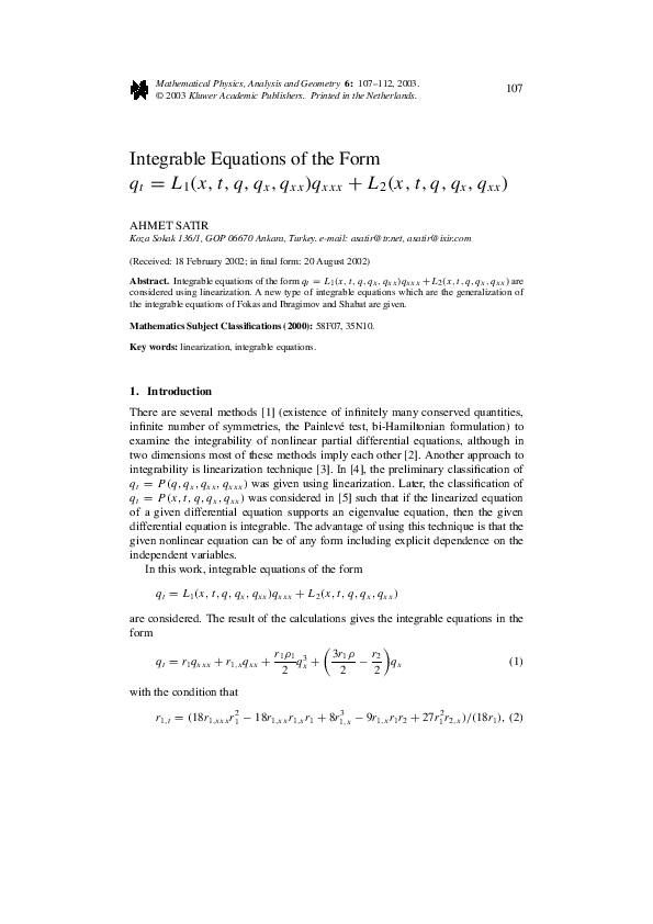 (PDF) Integrable Equations of the Form qt=L1(x,t,q,qx,qxx)qxxx+L2(x,t,q ...