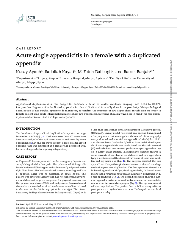 Pdf Acute Single Appendicitis In A Female With A Duplicated Appendix
