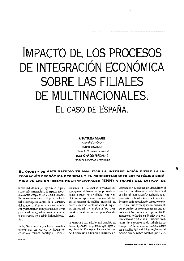 (PDF) Impacto de los procesos de integración económica sobre las filiales de multinacionales. El ...