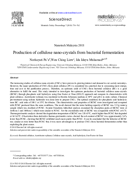 (PDF) Production of cellulose nano-crystals from bacterial fermentation
