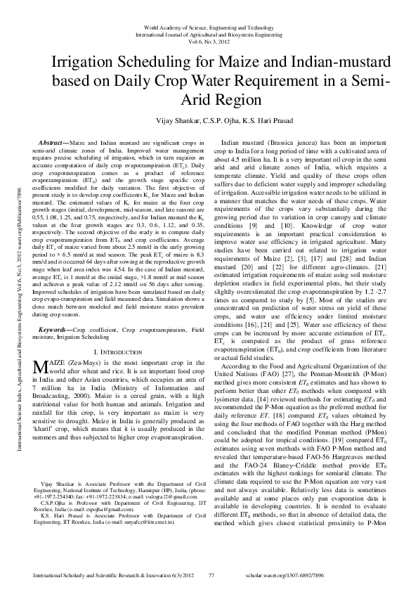 Pdf Irrigation Scheduling For Maize And Indian Mustard Based On Daily