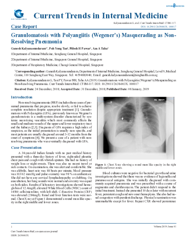 (PDF) Granulomatosis with Polyangiitis (Wegener’s) Masquerading as Non ...