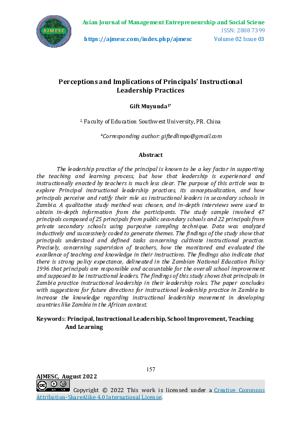 (PDF) Perceptions and Implications of Principals' Instructional Leadership Practices