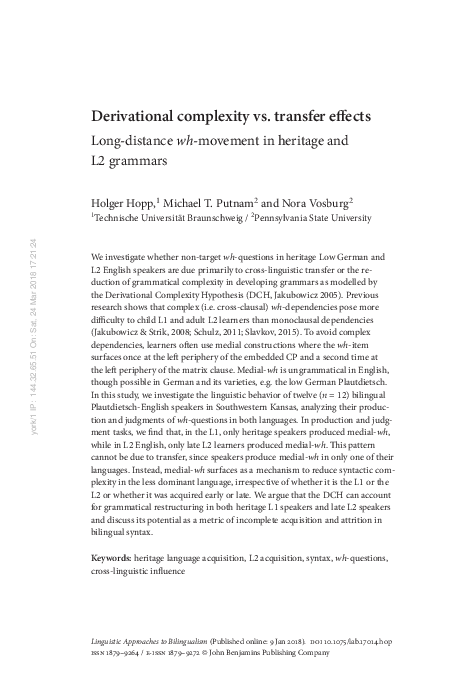 (PDF) Derivational complexity vs. transfer effects
