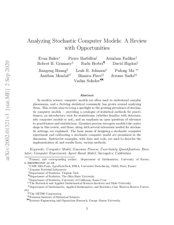 Pdf Analyzing Stochastic Computer Models A Review With Opportunities