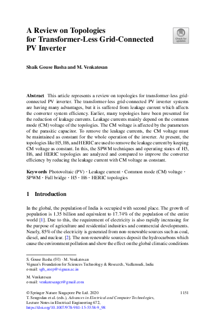 Pdf A Review On Topologies For Transformer Less Grid Connected Pv