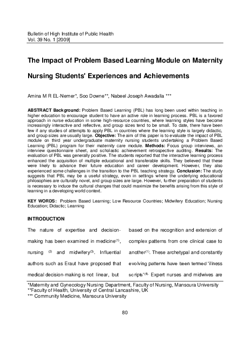 (PDF) The Impact of Problem Based learning Module on Maternity Nursing Students' Experiences and ...